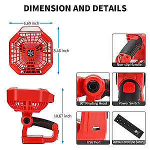 Choerinton Cordless Camping Fan for Milwaukee M18 18V Lithium Battery, Portable Tent Fan with 180LM Lantern,USB Port,3 Speed 3 Brightness Brushless Motor Personal Desk Fan for Car Repair,Picnic