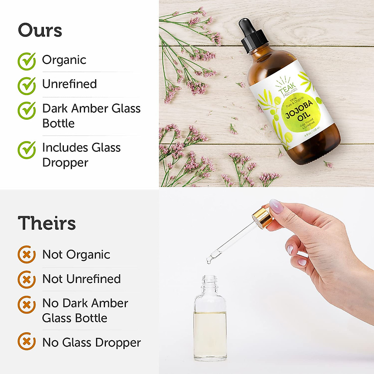 Teak Naturals Cold Pressed Organic Jojoba Oil Natural Unrefined Pure Jojoba Oil Moisturizer for Skin Hair and Nails - 4 Ounces