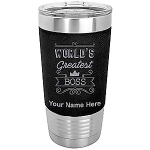 LaserGram 20oz Vacuum Insulated Tumbler Mug, World's Greatest Boss, Personalized Engraving Included (Faux Leather, Black)