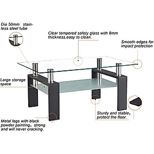 POULEII Living Room Table Set,3 Piece Glass Coffee and End Tables Set for Room,Coffee with Tempered Tabletop Metal Frame Apartment, Small Space Black