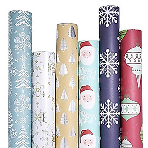 UNIQOOO 6 Festive Designs Christmas Wrapping Paper Precut Sheets, Each 39.4 x17 Inch- Blue Silver Brown Kraft Metallic Foil Gift Wrap, Santa Claus, Christmas Ornaments, Snowflake, Tree, Family Bundle for Kids, Her & Him, 18 Sheets