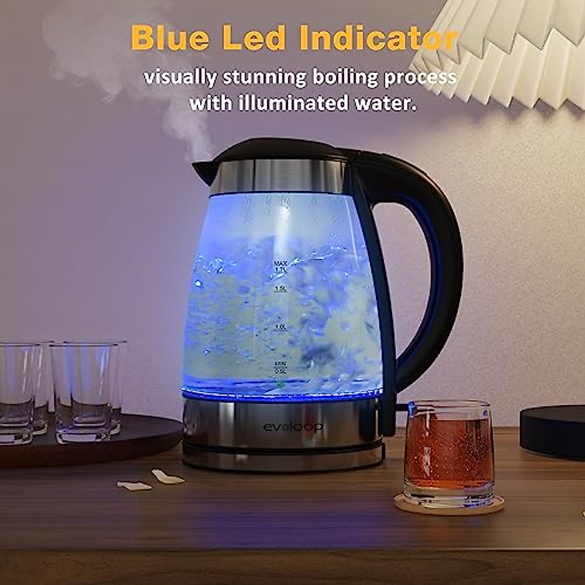 Evoloop Electric Tea Kettle 1.7L Hot Water Boiler, 1500W Glass Water Kettle with Auto Shut-Off & Boil Dry Protection, BPA Free, Cordless Base & LED Indicator