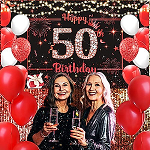 Red Happy 50th Birthday Banner Decorations for Men Women, Large Red Black Glitter 50th Birthday Backdrop Cheers to 50 Years Old Birthday Banner Photo Background Anniversary Party Supplies (50th)