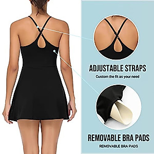 Workout Tennis Dress for Women with Built-in Bra Shorts, Adjustable Shoulder Straps and Pockets Black