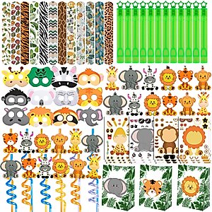 Jungle Safari Party Favors Set 84 PCS Wild Animals Theme Masks Sticker Keychains Straws Slap Bracelets Bubble Sticks Gift Bags for Kids Birthday Party Baby Shower Goodie Bag Fillers Jungle Safari