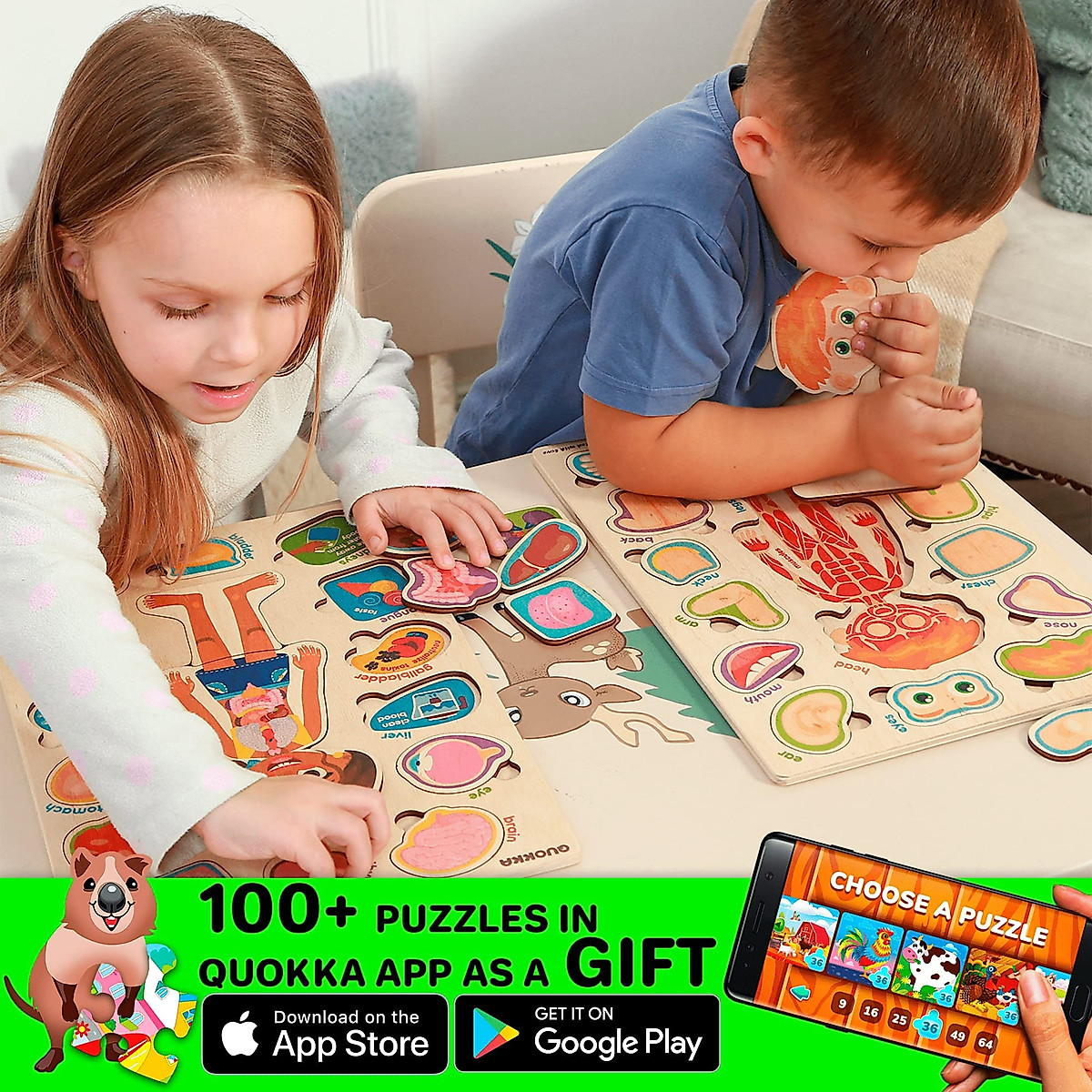 QUOKKA Wooden Puzzles for Kids – Montessori Puzzles for Toddlers 3-5 – Preschool Game Learning Human Body Parts Anatomy Skeleton – Educational Toys for Boy & Girl