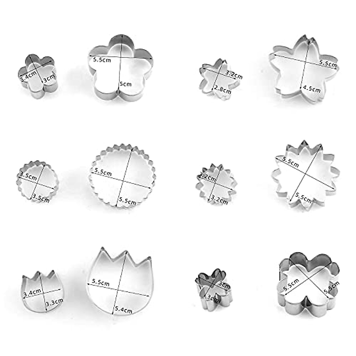 Flowers Cookie Cutter Set -12 Pieces - Plum Blossoms, Clover, Tulip, Cherry Blossoms, Sawtooth Circle, Sunflower Biscuit Fondant Cutters Stainless Steel