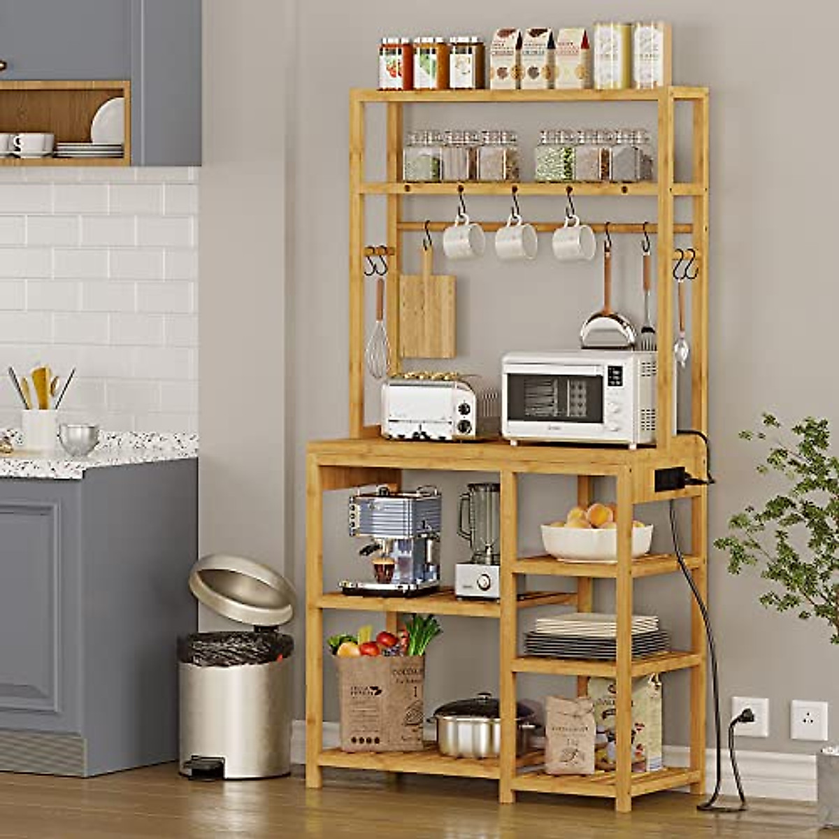 FORABAMB Bakers Rack with Power Outlets, 8-Tier Microwave Stand, Kitchen Utility Storage Shelf 10 S-Shaped Hooks, Coffee Bar Table Station, Standing Rack, 31.5 x 15.7 x 65 Inches, Bamboo