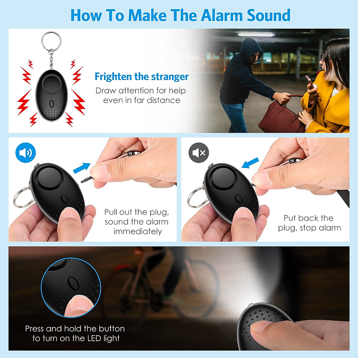 AMIR Safety Keychain Set for Women with Personal Safety Alarm, No Touch Door Opener, Whistle & Pompom - Safety Keychain Accessories 10 Pcs Set for Girls & Kids, Black