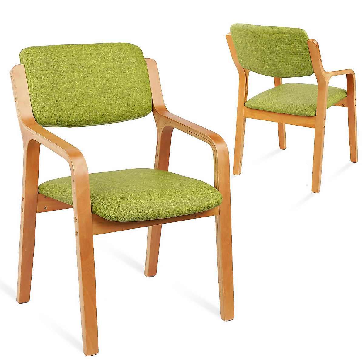 CLATINA Green Wood Mid Century Accent Chair, Fabric Armchair Side Chair with Comfort Seat Backrest for Dining Living Room Bedroom Reading Room Balcony(2P)