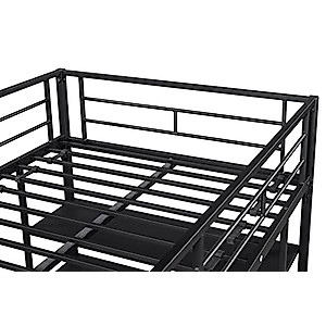 Epinki Low Loft Bed with Storage Shelves, Black, Steel, Bed Frame, Kids Bed, Easy Assembly