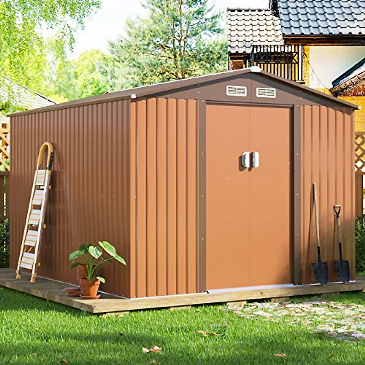 JAXPETY 9x10.5 FT Outdoor Storage Shed - Galvanized Metal Storage Shed Garden Shed with Double Lockable Doors and Floor Frame Backyard Shed for Garden Patio Backyard Lawn Tools, Brown