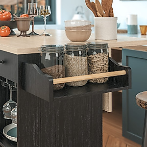 IRONCK Rolling Kitchen Island Cart with Drop-Leaf and Wine Rack, Microwave Rack Serving Cart on Wheels with Drawer & Shelves & Spice Rack & Cup Hanging, Black