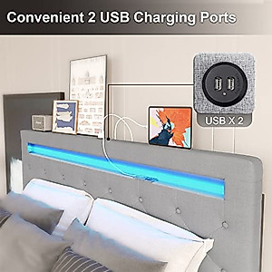 HOMFAMILIA Queen Bed Frame with Headboard and Drawers, LED Bed Frame with Adjustable Storage & LED Lights Headboard, Upholstered Platform Bed with 2 USB Ports, No Box Spring Needed, Light Grey