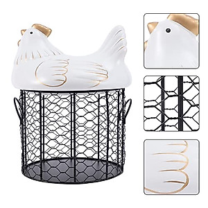 DOITOOL Iron Eggs Basket Egg Storage Basket Metal Wire Hen Egg Holder with White Ceramic Chicken Lid Hen Shaped Egg Dispenser Kitchen Supplies for Organizer Store Egg