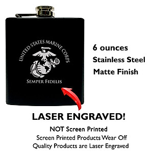 6 oz USMC Flask | Matte Black Stainless Steel Marine Corps Hip Flask for Liquor – US Marine Corps Gifts | Disabled USMC Vet Owned SMALL Business