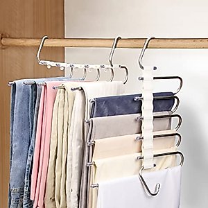 Pants Hangers Space Saving, 4 Pack Non-Slip Pants Rack Hanger Organizer for Closet, Stainless Steel Multiple Layers Multifunctional Pants Organizer for Clothes, Pants, Jeans, Scarf, Trousers