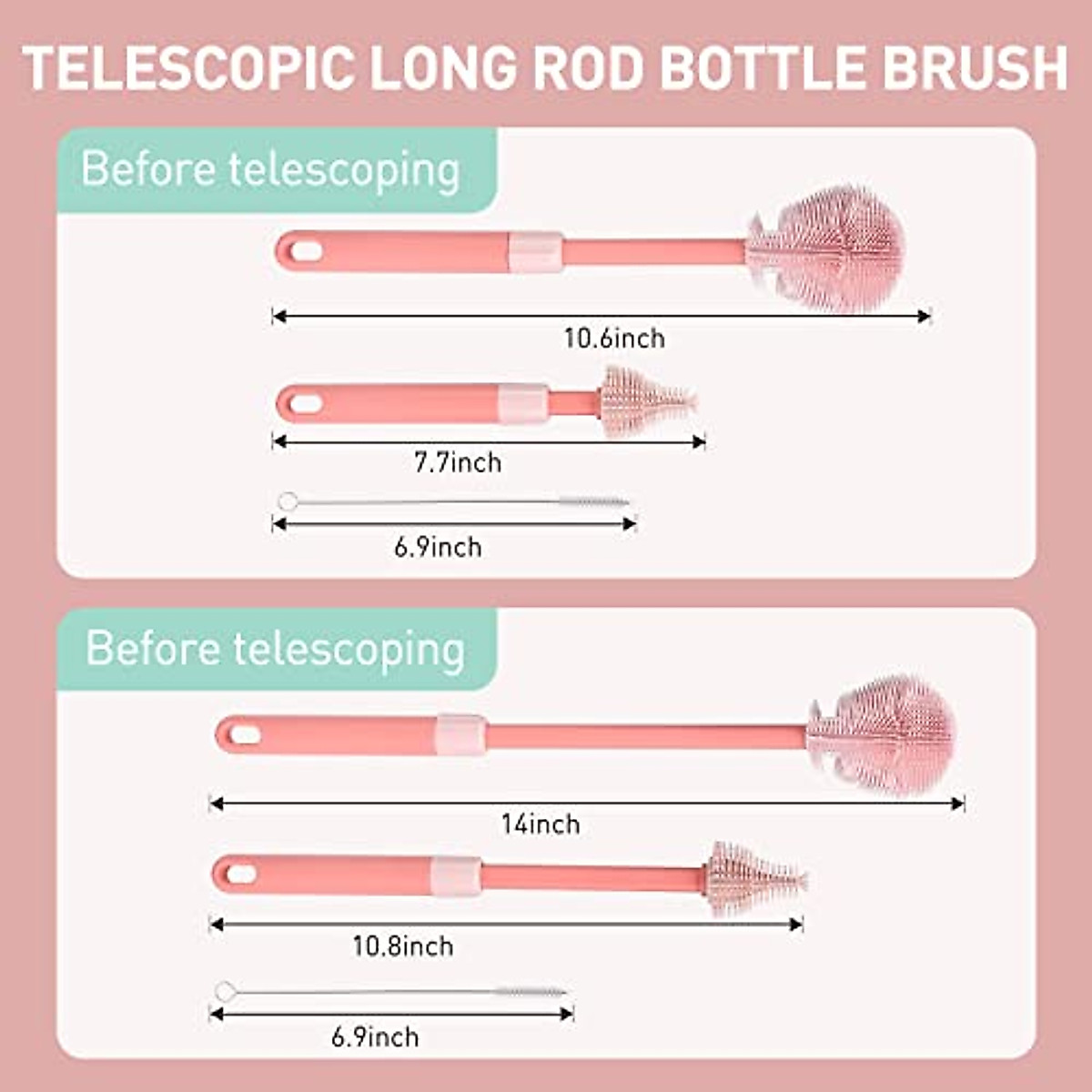 Baby Bottle Brush, VOOWO Telescopic Silicone Bottle Brush for Cleaning with Long Handle, Water Bottle Cleaner Brush with Nipple & Straw Cleaner, Included Towel (Pink Telescopic Brush & Stand)