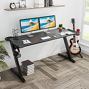 It's_Organized Gaming Desk 60 inch,Racing Style Gaming Computer Desk with RGB LED Lights,Z Shaped Professional Gamer Workstation with Mouse Pad,Handle Rack,Cup Holder,Headphone Hook,Black