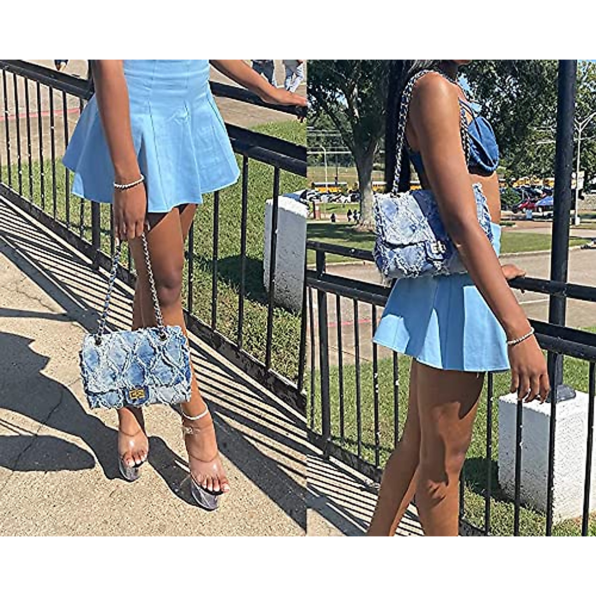 MKP Women Small Shoulder Bags Quilted Crossbody Distressed Jean Denim Purse Evening Bag Clutch Handbag with Chain Strap