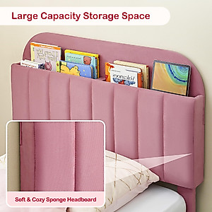 IDEALHOUSE Twin Bed Frames, Upholstered Platform Bed Frame with Bookcase Headboard, Velvet Platform Bed Mattress Foundation, Heavy Duty Steel Support Legs, Easy Assembly, Noise Free, Dark Pink