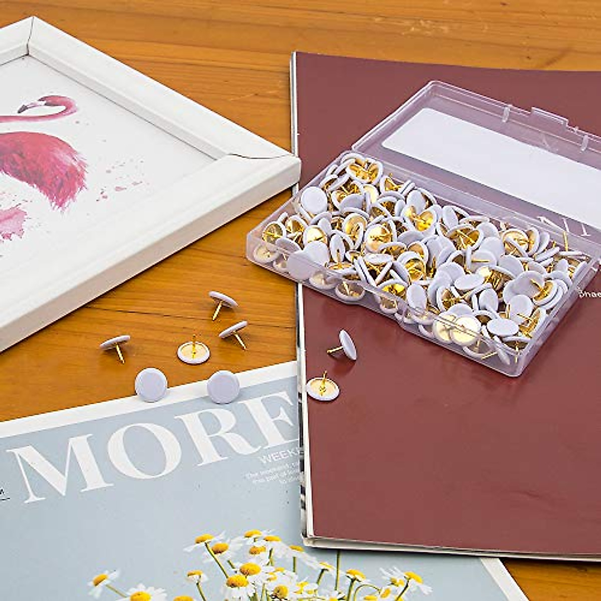 200PCS Decorative Thumb Tacks, SAILAVY Steel Round Head Push Pins for Home, School, Office, Map, Photo Wall, Cork Board Bulletin Board (White)