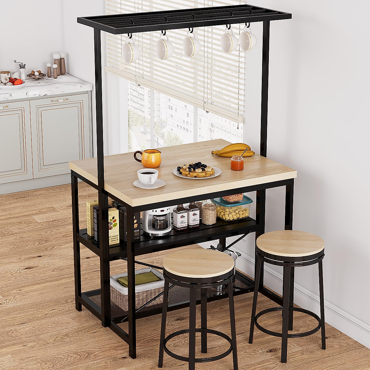 Alkmaar 42" Large Kitchen Island Bakers Rack Microwave Oven Stand Kitchen Shelf with 3 Tier Storage, Metal Coffee Bar Table,Kitchen Storage Shelf for Dining Living Room, 5 Hooks, 42"*28"*72"