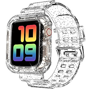 DABAOZA Compatible for Clear Apple Watch Band 45mm 44mm 42mm with Case, Women Girl Glitter Bling Crystal Strap and Bumper for iWatch Band SE Series 8/7/6/5/4/3/2/1(Glitter Clear, 45mm/44mm/42mm)
