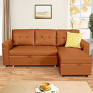 Perry Modern Sectional Sleeper Sofa with Pull Out Bed, Reversible Sleeper Sectional Sofa Bed, Best Sleeper Sofa Couch with 168L Storage, L-Shape Pull Out Couch Bed Sleeper Sofa - Caramel,Air Leather