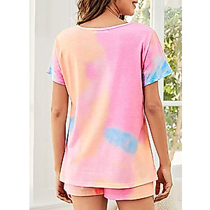 HOCOSIT Womens Tie Dye Printed Pajamas Short Sleeve Tops and Shorts Set Sleepwear 2 Piece Pjs Sets Loungewear Pink