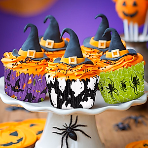 Whaline 600Pcs Halloween Cupcake Liners Pumpkin Witch Legs Bats Ghosts Spiders Skulls Cupcake Wrappers Baking Cups Holders Muffin Baking Liners for Halloween Party Supply