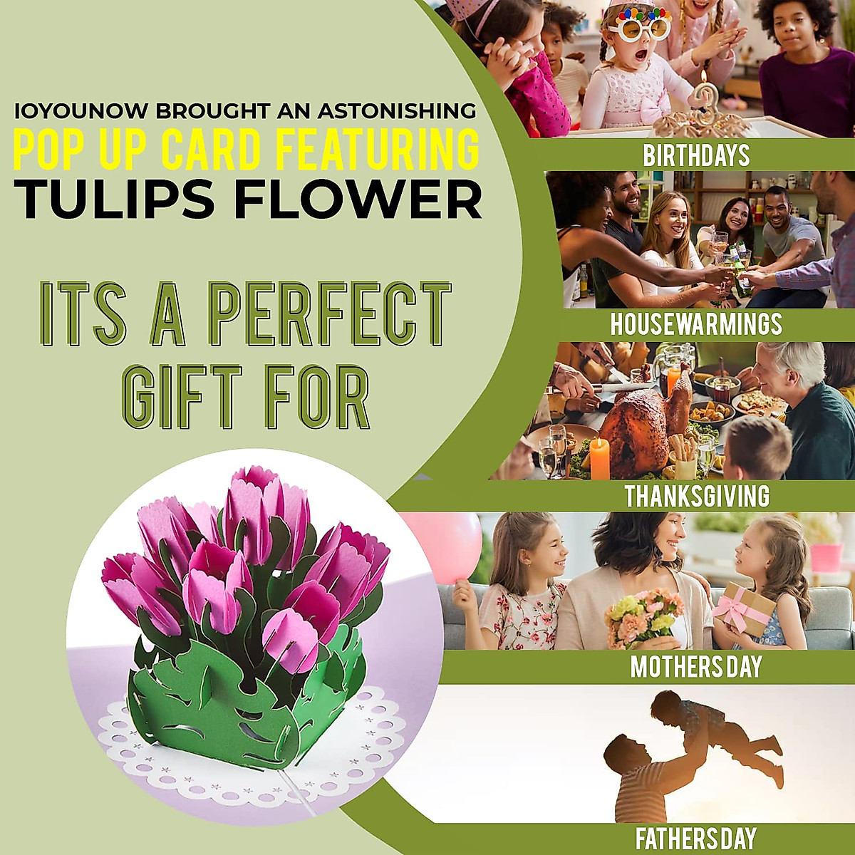 ioyounow Paper Flowers Popup Card - 5x6.75 Inch Pop Up 3D Purple Tulips Greetings Card - Happy Birthday Cards for Sisters – Best Paper Greetings, Thinking of You Gift for Women