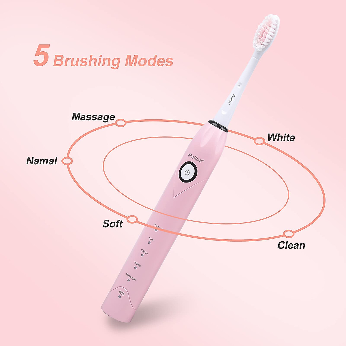 Pallus Electric Toothbrush, Sonic Toothbrush for Adults with 5 Dupont Bursh Heads, Ultra Cleaning with 37,000 VPM 5 Modes 2 Hours Charging for 30 Days Use,Pink Rechargeable Power Toothbrush