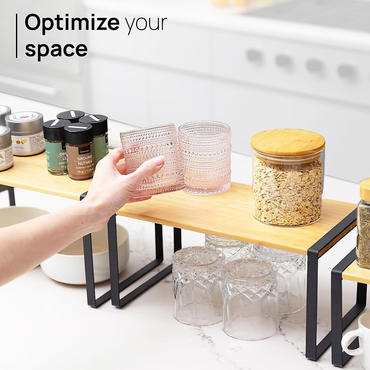 Ibyx Premium Kitchen Cabinet Organizer Shelf - Set of 3 Kitchen Counter Shelves - Stackable Shelf Racks for Cabinets - Metal Frame & Engineered Wood (Natural Wood, Black Frame)