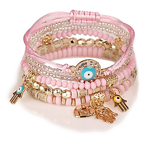 Pingyongchang Evil Eye Bracelets Pack Crystal Bohemian Bracelet Set of 4 Beaded Mexican Bracelets Pack Mixed Hamsa Protection Stretch Bracelets Jewelry for Women Teen Girls -B