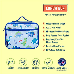 Wildkin Kids Lunch Box, 12 Inch Backpack, 16 Oz Tritan Water Bottle, and Ice Pack Bundle for a Convenient, Refreshing, and Fulfilling Meal All Around (Dinosaur Land)