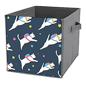 Space with Colored Backpacks Cats PU Leather Collapsible Storage Bins Canvas Cube Organizer Basket with Handles
