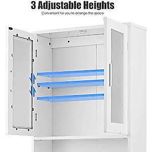 WATERJOY Over The Toilet Storage Cabinet, Bathroom Cabinet Organizer with 2 Moru Tempered Glass Door, Space-Saving Toilet Shelf, White