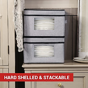 Sakuchi China Storage Containers for Dishes With Handles, Dinnerware Storage Box for Plates with 12 Cushion Sheets, 12"x12", Set of 2 (Grey)