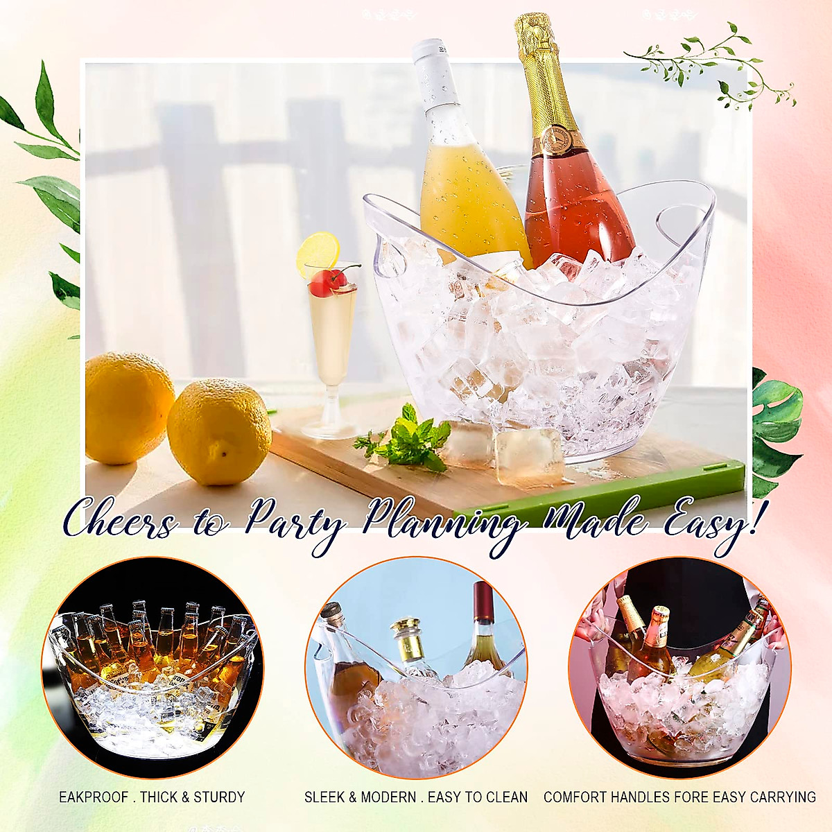 Barafat Ice Buckets for Parties (4L) & Ice Bucket Scoop & 24 Mimosa Glasses (5 Oz), Acrylic Champagne Bucket with Plastic Champagne Flutes, Clear Drinks Beverage Tub for Cocktail Bar