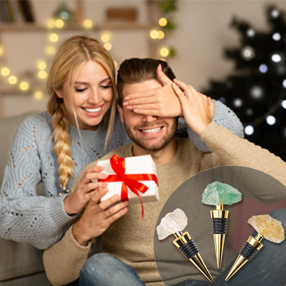 Yougoals Crystal Wine Stoppers Set of 3, Natural Gemstone Wine Stoppers for Wine Bottles, Decorative Wine Bottle Stoppers with Gift Box for Wedding, Party (3pcs Crystal)