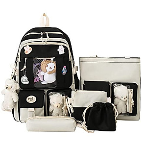 AONUOWE Kawaii Backpack with Cute Pins and Pendants 5Pcs Set Preppy Rucksack for Teen Girls School Bag Aesthetic Backpack (Black)