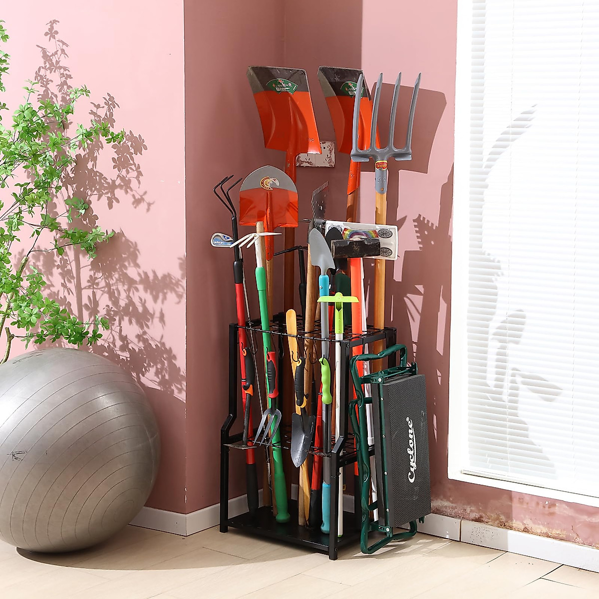 YueTong Garden Tool Organizer Heavy Duty,Yard Tool Tower Rack,Garage Storage Organization for Long Handle Tools,Rake,Brooms,Extra Hooks for Small Shovel,Shear.All Metal,Free Standing.