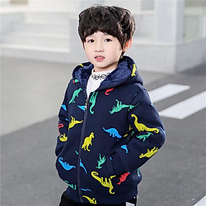 Funnymore Toddler Boy's Sherpa Fleece Lined Jacket,Navy Dinosaur Spring Fall Winter Warm Hoodie Coat Clothes 2t