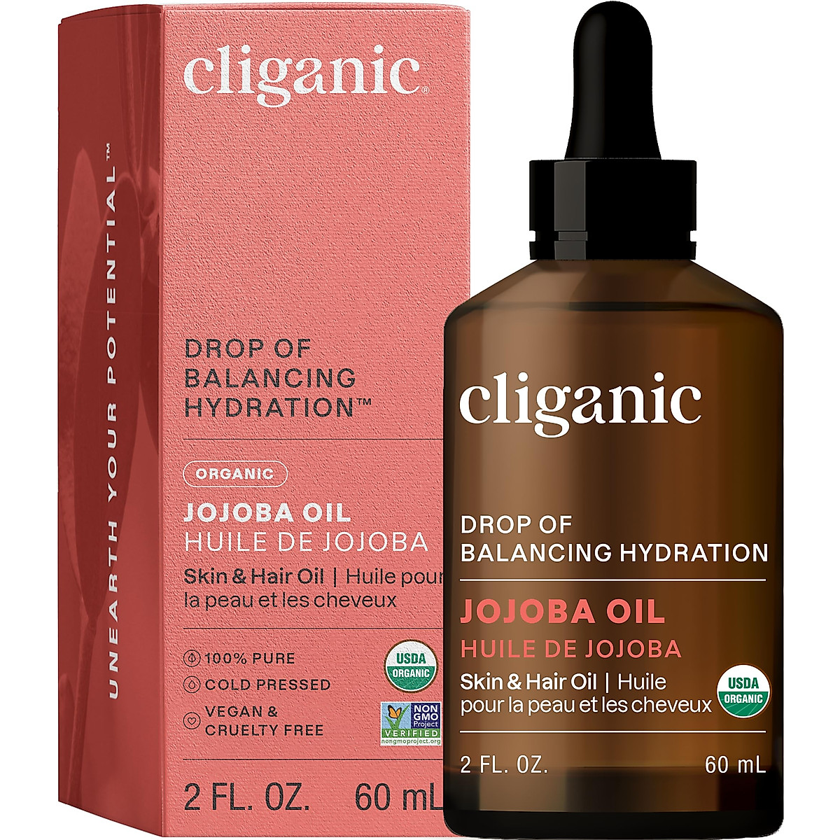 Cliganic USDA Organic Jojoba Oil, 100% Pure (2oz) | Natural Cold Pressed Unrefined Hexane Free Oil for Hair & Face | Base Carrier Oil (Packaging May Vary)