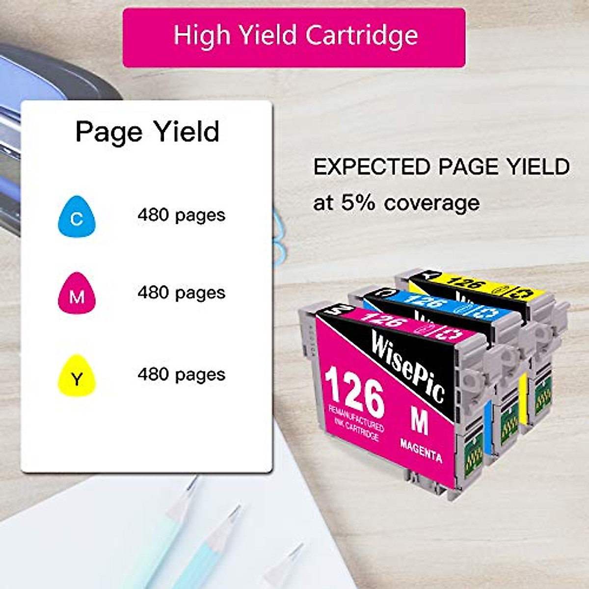 WisePic 3 Pack T126 Remanufacture Ink Cartridge Replacement for Epson 126 T126 for Workforce 435 520 545 635 645 845 WF-3520 WF-3530 WF-3540 WF-7010 WF-7510 WF-7520 Printer (1 Cyan,1 Magenta,1 Yellow)