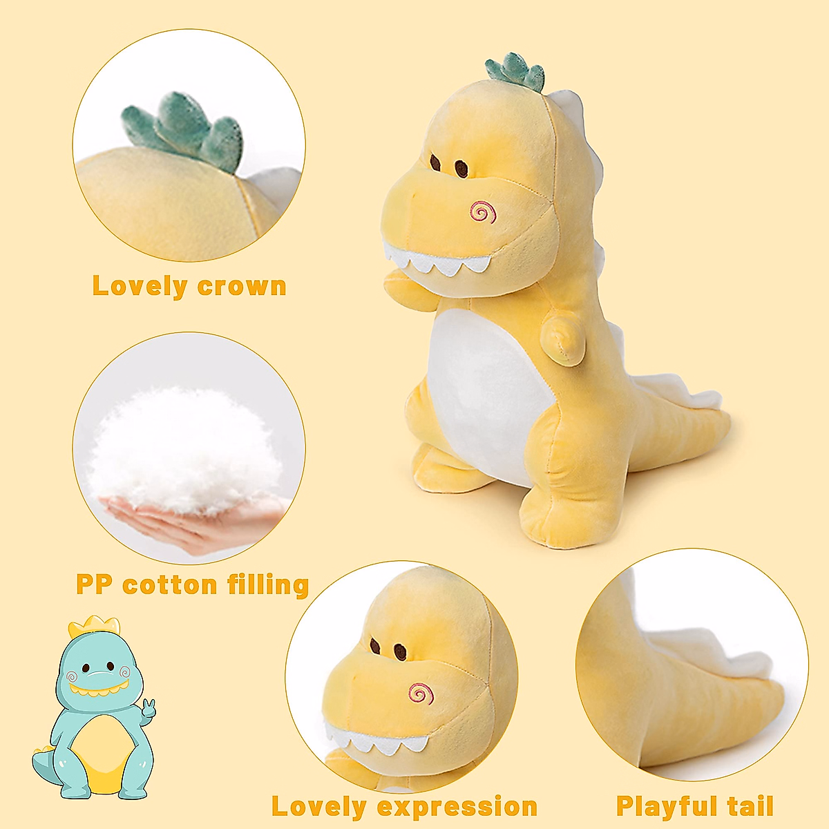 Adorlynetty Cute Large Dinosaur Plush Toy, 15.7" Soft Dinosaur Stuffed Animal Stuffed Dinosaur Dino Stuffed Animals Dino Plush Dinosaur Plushie Yellow