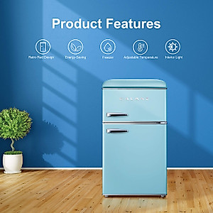 Galanz Retro Compact Refrigerator with Freezer, Mini Fridge with Dual Doors, Adjustable Mechanical Thermostat, 3.1 Cu FT, Blue