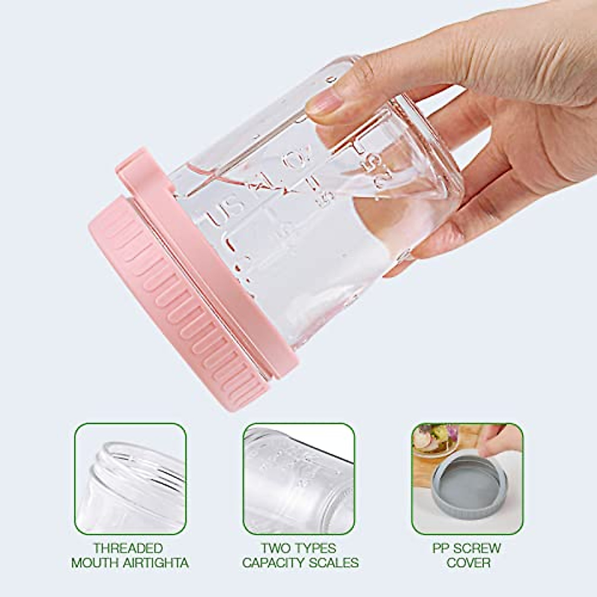 Hoa Kinh Overnight Oat Containers with Lids and Spoon 16oz 2Pack Glass Mason Jars for Overnight Oats, Cereal, Milk, Vegetable and Fruit Salad, Airtight Jars with Two Measurement Marks(Pink and Blue)