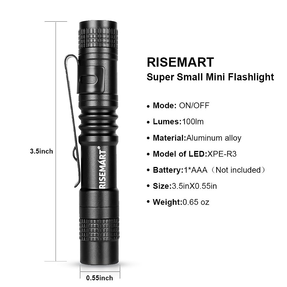 RISEMART Super Small Mini Flashlight AAA 100 Lumens Ultra Bright LED Pen light Pocket Clip Tactical Torch Lamp(3.5")